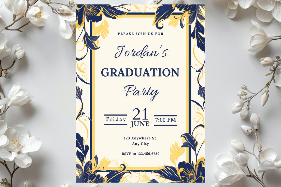 Blue and Yellow Flower Graduation Invite, Grad Party Invite, Blue ...