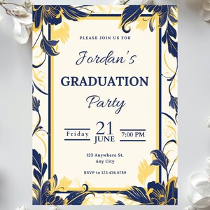 Blue and Yellow Flower Graduation Invite, Grad Party Invite, Blue ...