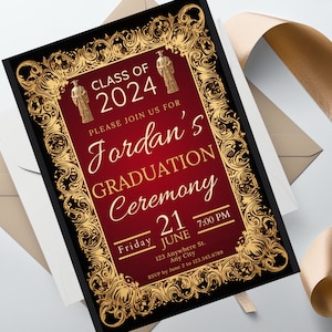 Red and Gold Graduation Invite, Ornate Gold Grad Ceremony Invite ...