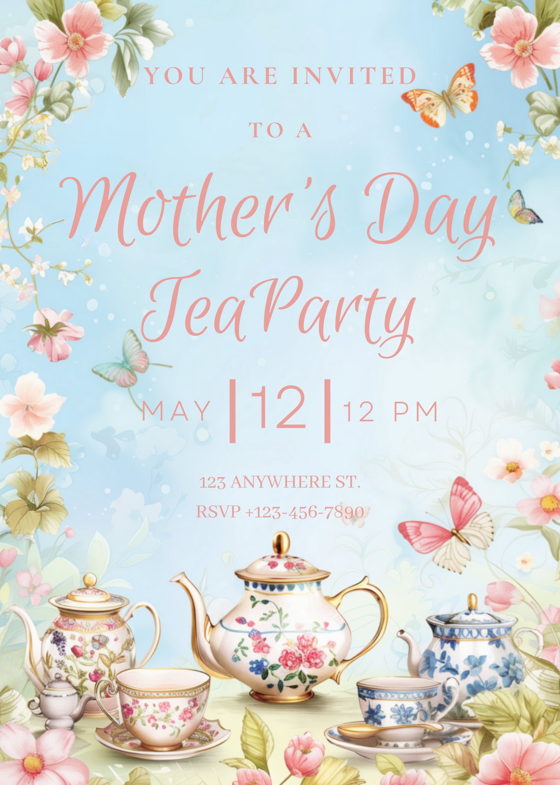 Mother's Day Tea Party Invitation, Blue and Pink Mother's Day Tea ...
