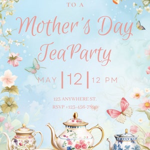Mother's Day Tea Party Invitation, Blue and Pink Mother's Day Tea ...