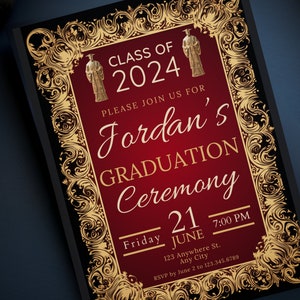 Red and Gold Graduation Invite, Ornate Gold Grad Ceremony Invite ...