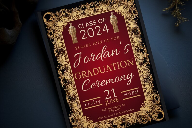 Red and Gold Graduation Invite, Ornate Gold Grad Ceremony Invite ...