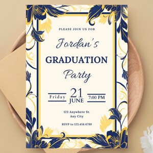 Blue and Yellow Flower Graduation Invite, Grad Party Invite, Blue ...