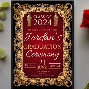 Red and Gold Graduation Invite, Ornate Gold Grad Ceremony Invite ...