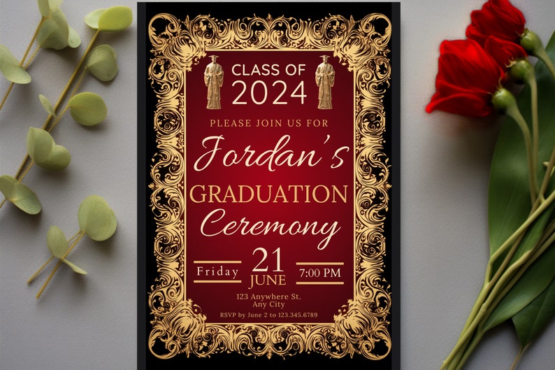 Red and Gold Graduation Invite, Ornate Gold Grad Ceremony Invite ...