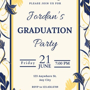 Blue and Yellow Flower Graduation Invite, Grad Party Invite, Blue ...