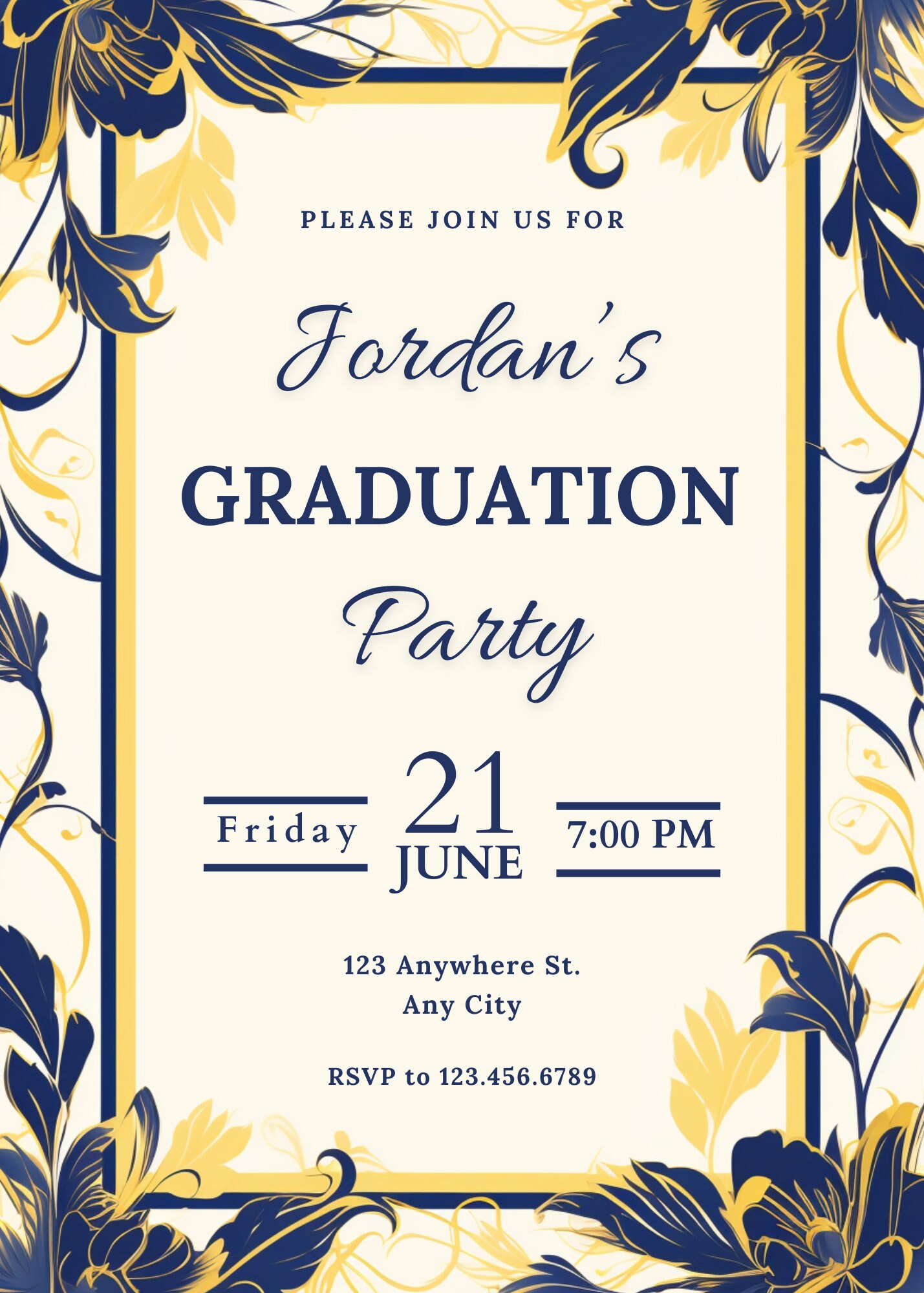 Blue and Yellow Flower Graduation Invite, Grad Party Invite, Blue ...