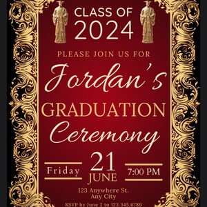 Red and Gold Graduation Invite, Ornate Gold Grad Ceremony Invite ...