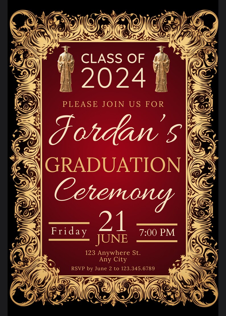 Red and Gold Graduation Invite, Ornate Gold Grad Ceremony Invite ...