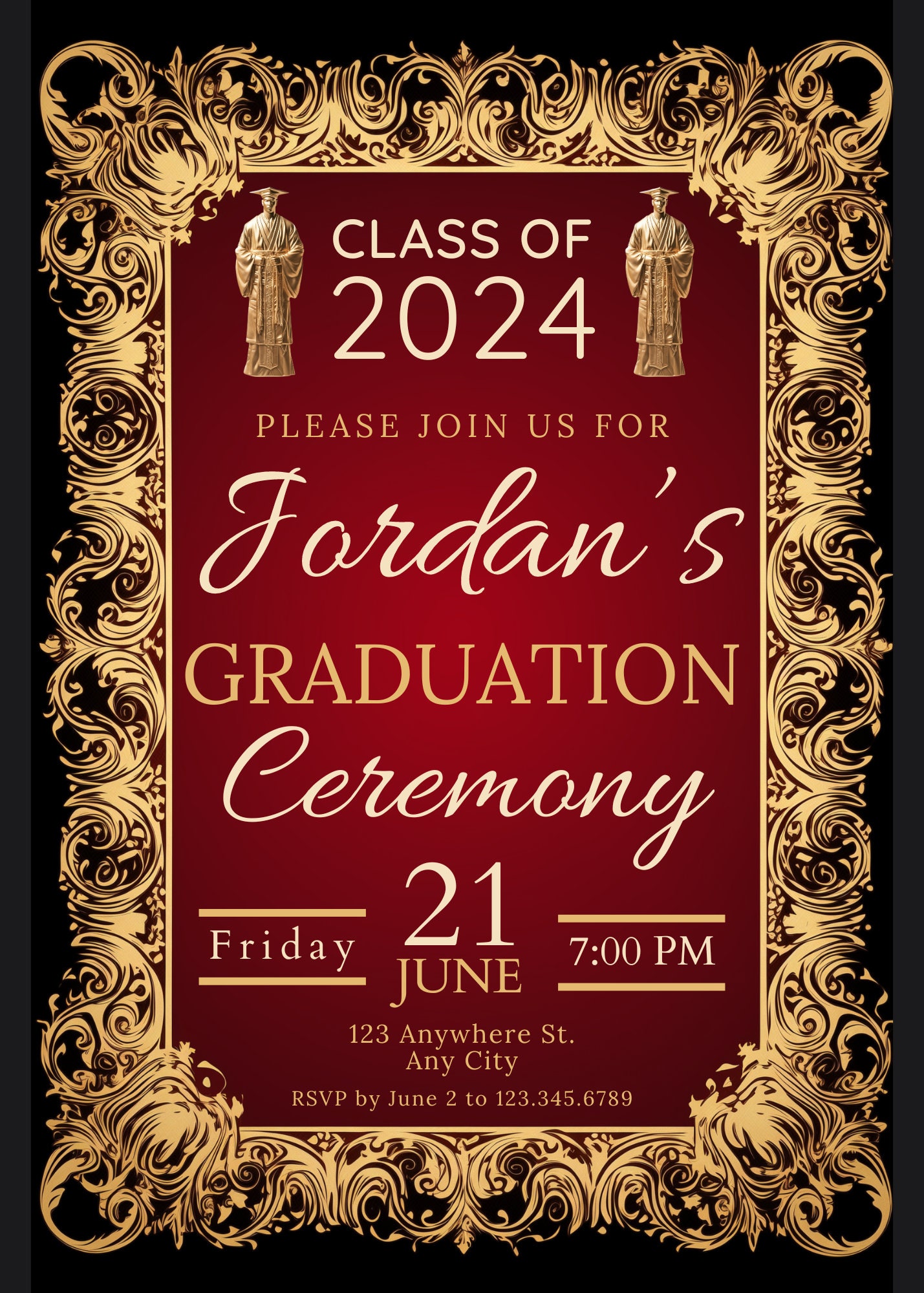 Red and Gold Graduation Invite, Ornate Gold Grad Ceremony Invite ...