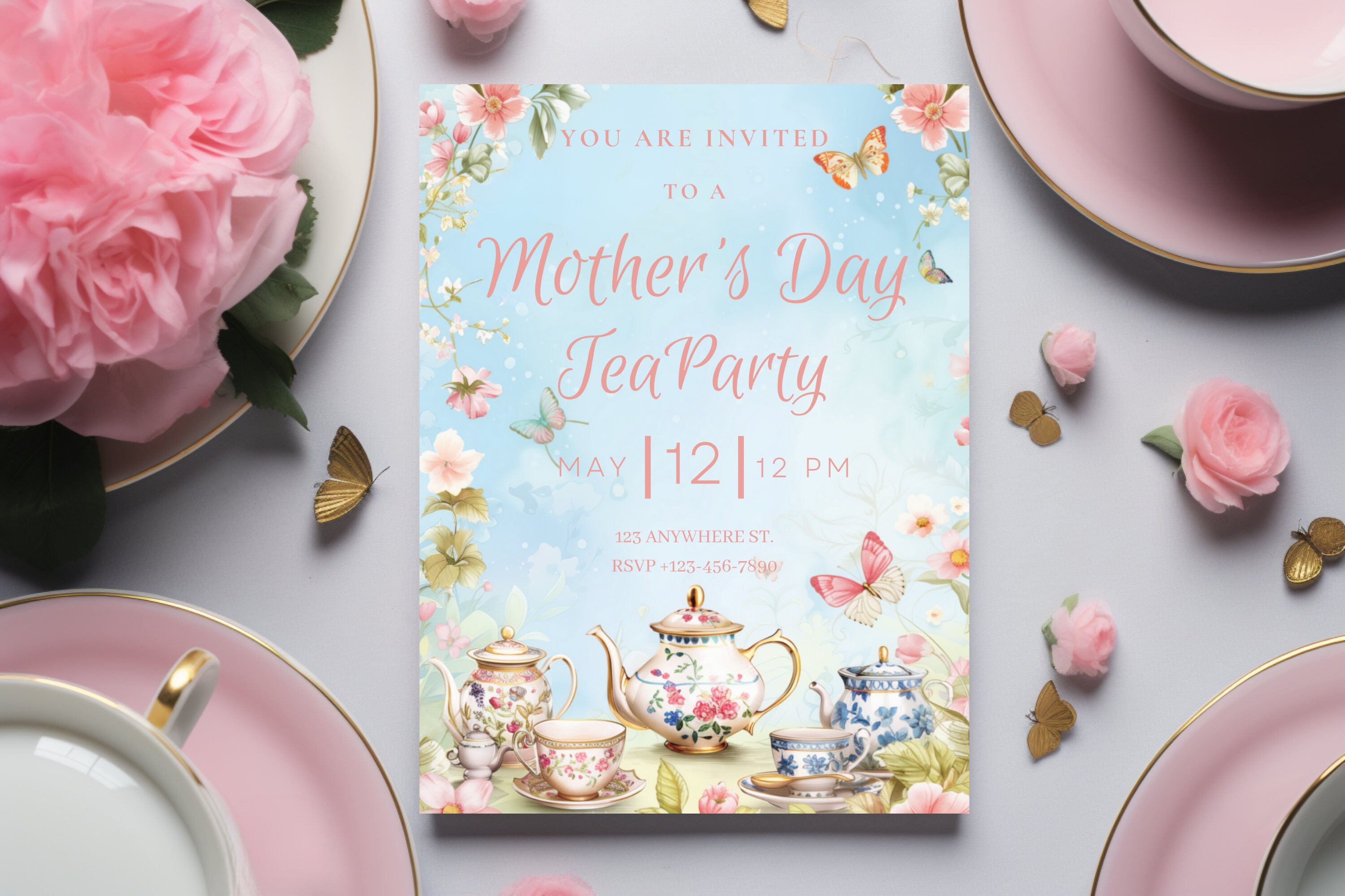 Mother's Day Tea Party Invitation, Blue and Pink Mother's Day Tea ...