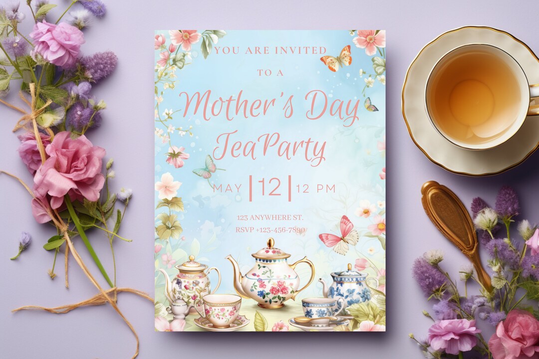 Mother's Day Tea Party Invitation, Blue and Pink Mother's Day Tea ...