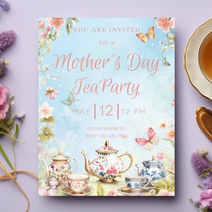 Mother's Day Tea Party Invitation, Blue and Pink Mother's Day Tea ...