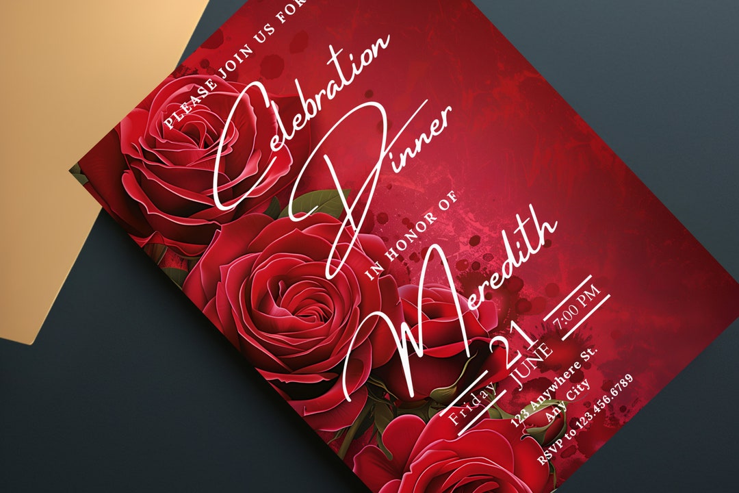 Red Rose Celebration Dinner Invite, Red Flower Party Invite, Red Rose ...