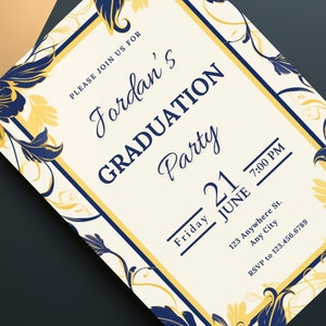 Blue and Yellow Flower Graduation Invite, Grad Party Invite, Blue ...