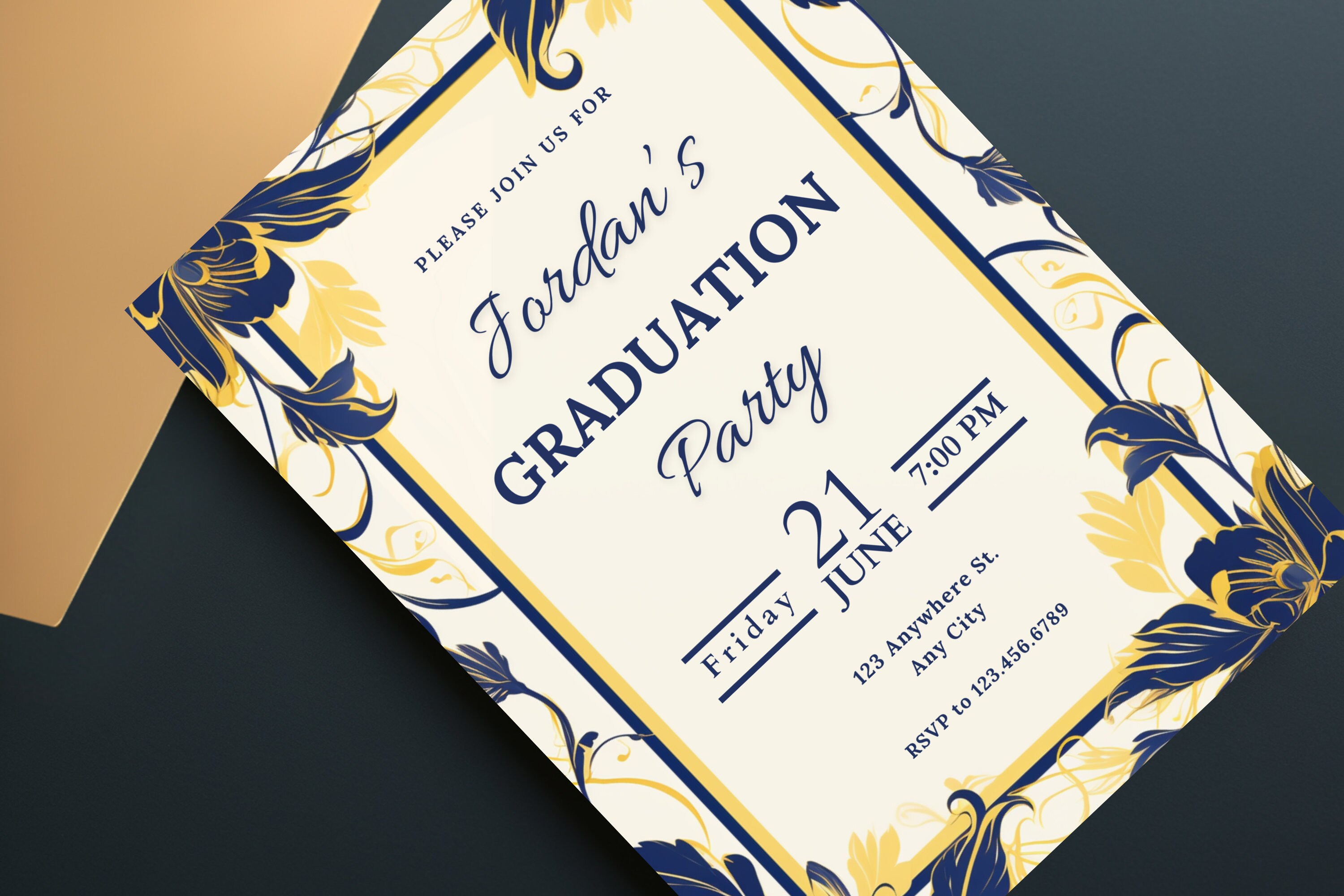 Blue and Yellow Flower Graduation Invite, Grad Party Invite, Blue ...