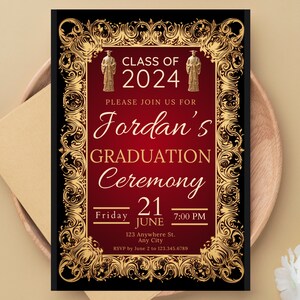 Red and Gold Graduation Invite, Ornate Gold Grad Ceremony Invite ...