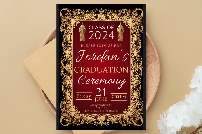 Red and Gold Graduation Invite, Ornate Gold Grad Ceremony Invite ...