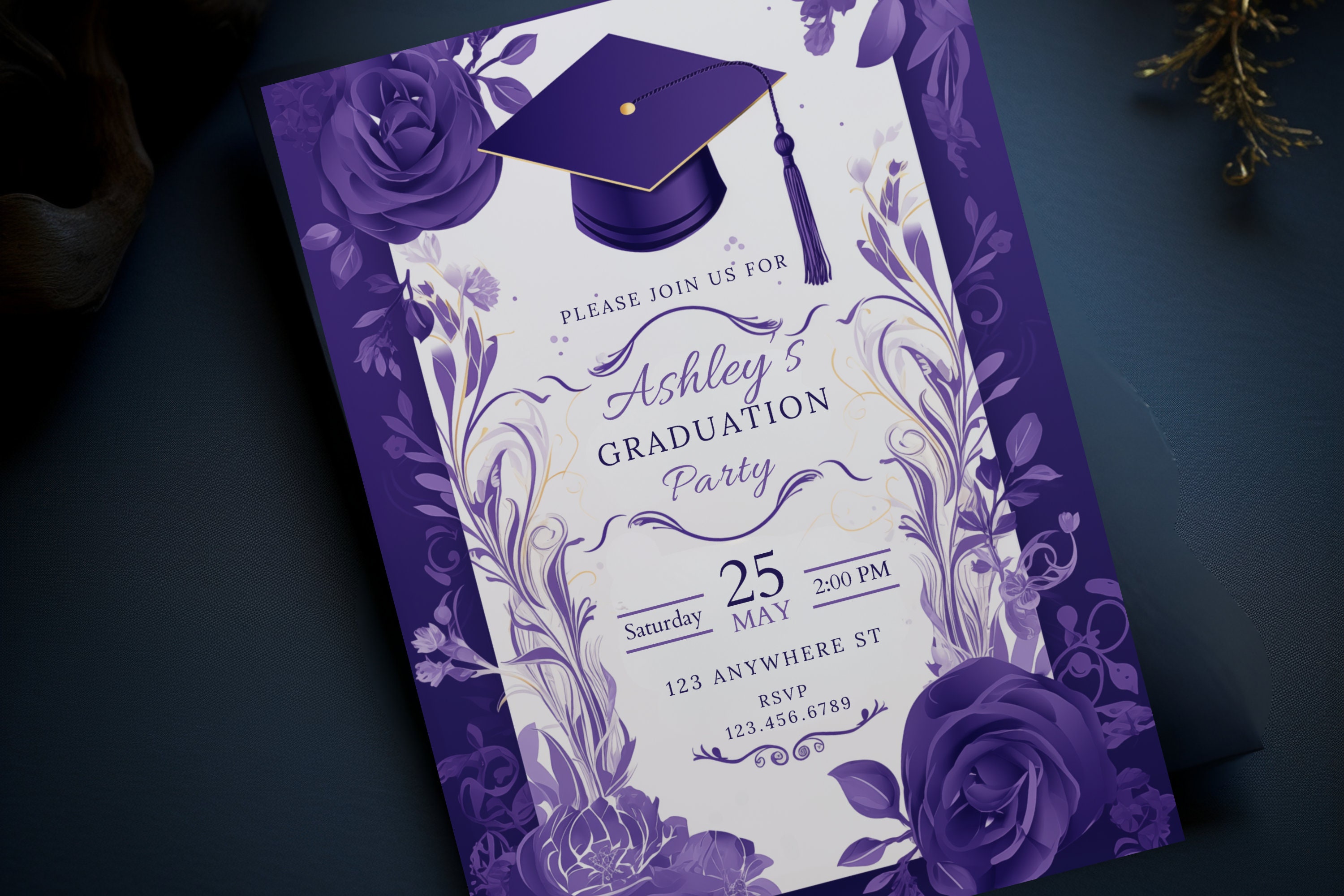 Purple and Gold Graduation Party Invitation, Elegant Graduation Invite ...