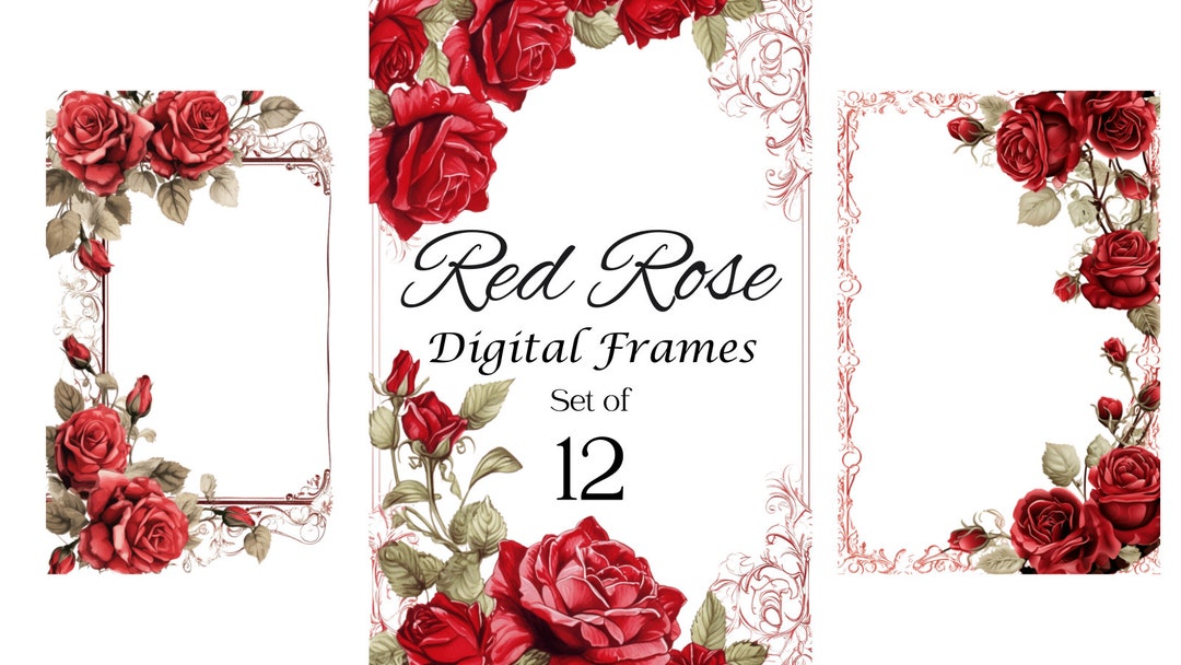 12 Red Rose PNG Page Borders, Floral Digital Frames Bundle, Flower PNG ...