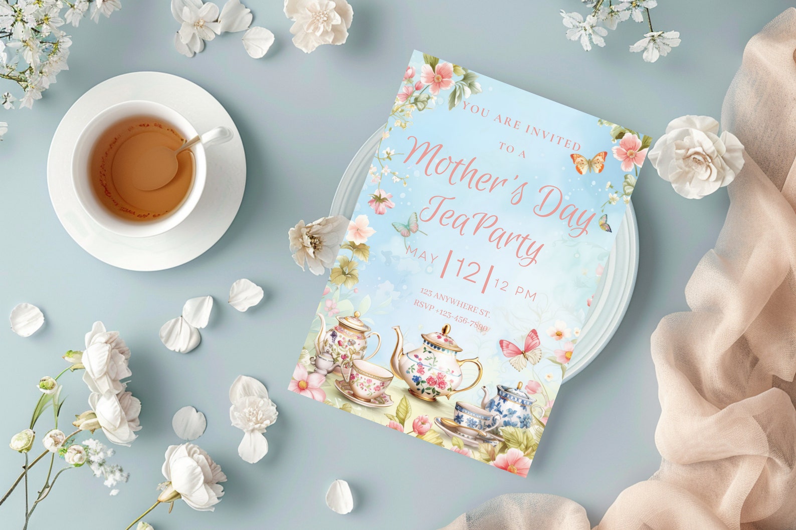Mother's Day Tea Party Invitation, Blue and Pink Mother's Day Tea ...