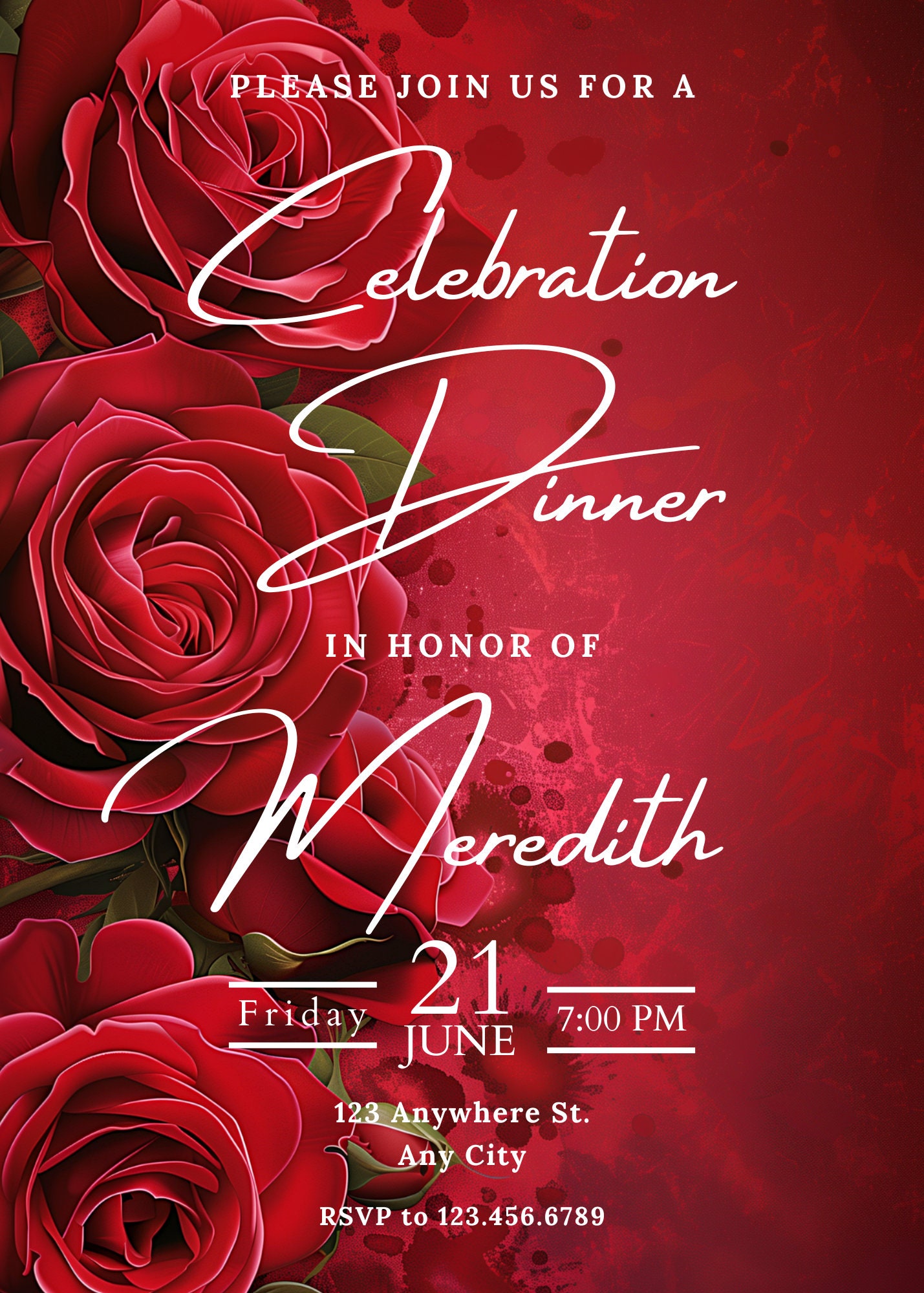 Red Rose Celebration Dinner Invite, Red Flower Party Invite, Red Rose ...