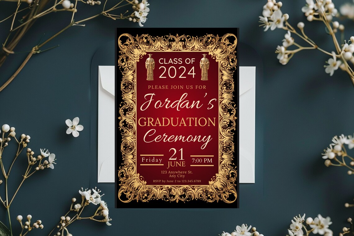 Red and Gold Graduation Invite, Ornate Gold Grad Ceremony Invite ...