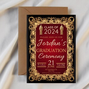 Red and Gold Graduation Invite, Ornate Gold Grad Ceremony Invite ...