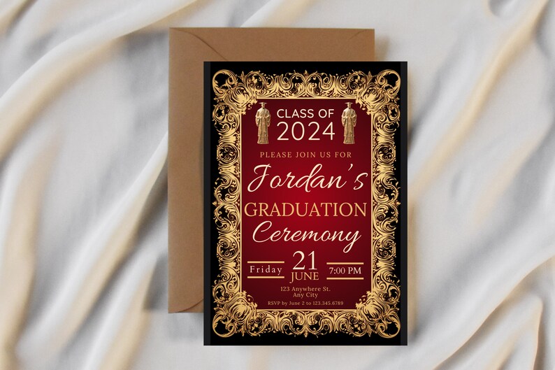Red and Gold Graduation Invite, Ornate Gold Grad Ceremony Invite ...