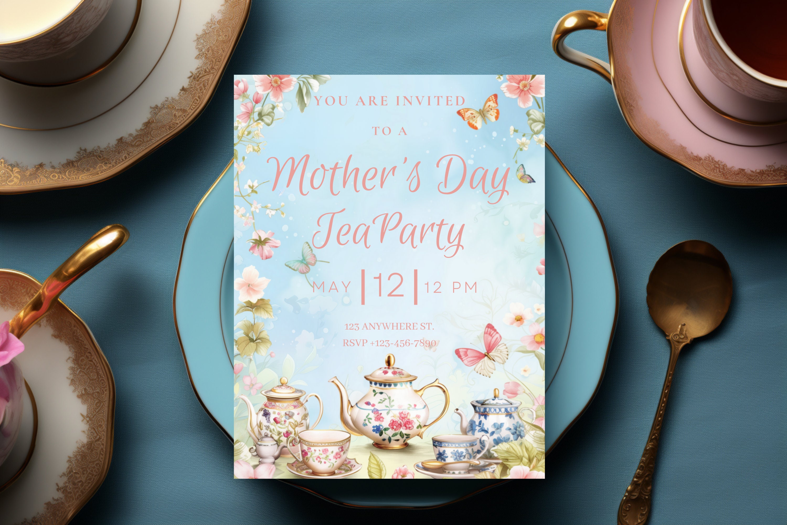 Mother's Day Tea Party Invitation, Blue and Pink Mother's Day Tea ...
