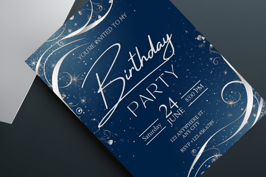 Blue and Silver Gray Invitation, Navy Blue Birthday Invitation, Blue ...