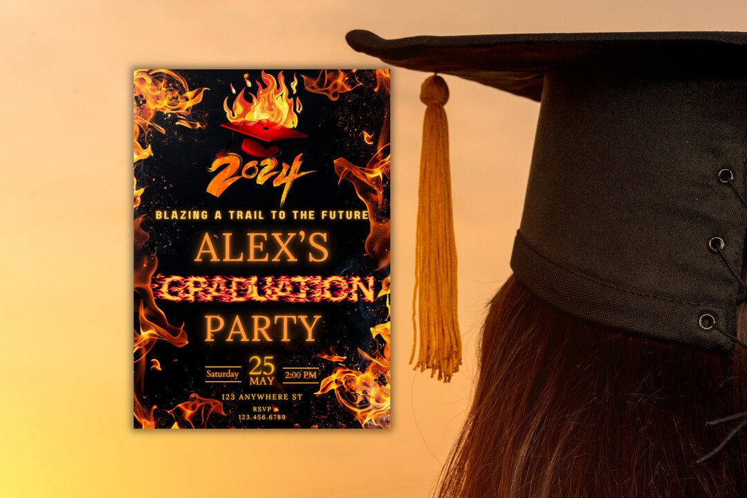 Fire Graduation Invitation, Black and Orange Fiery Grad Party Invite ...