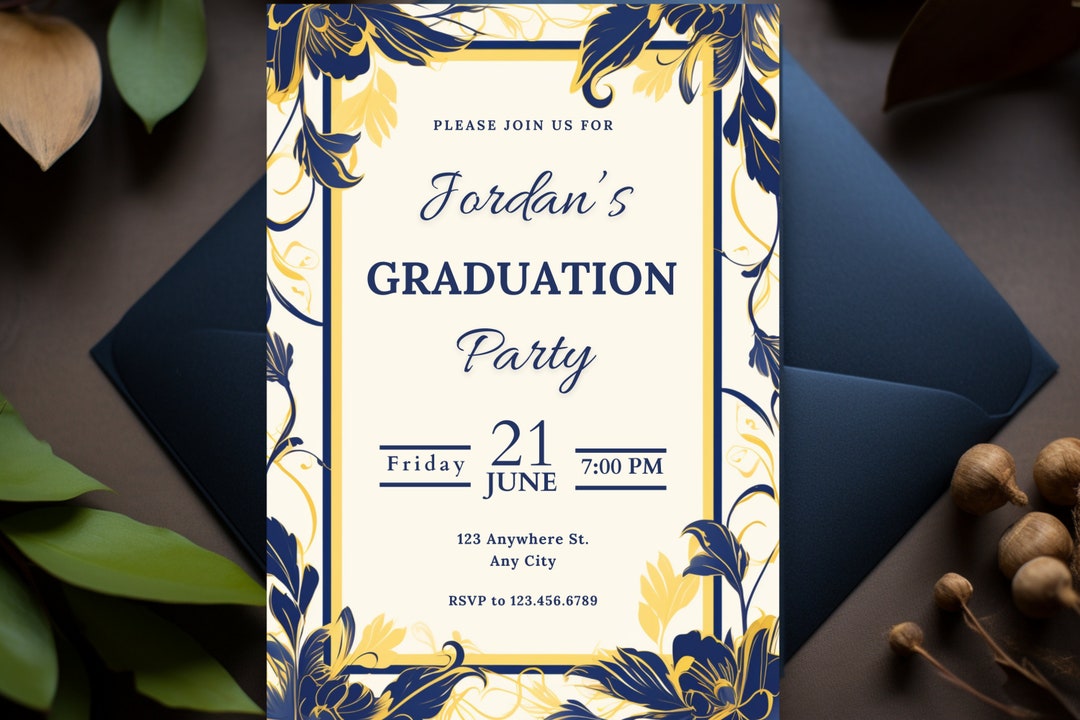 Blue and Yellow Flower Graduation Invite, Grad Party Invite, Blue ...