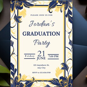Blue and Yellow Flower Graduation Invite, Grad Party Invite, Blue ...