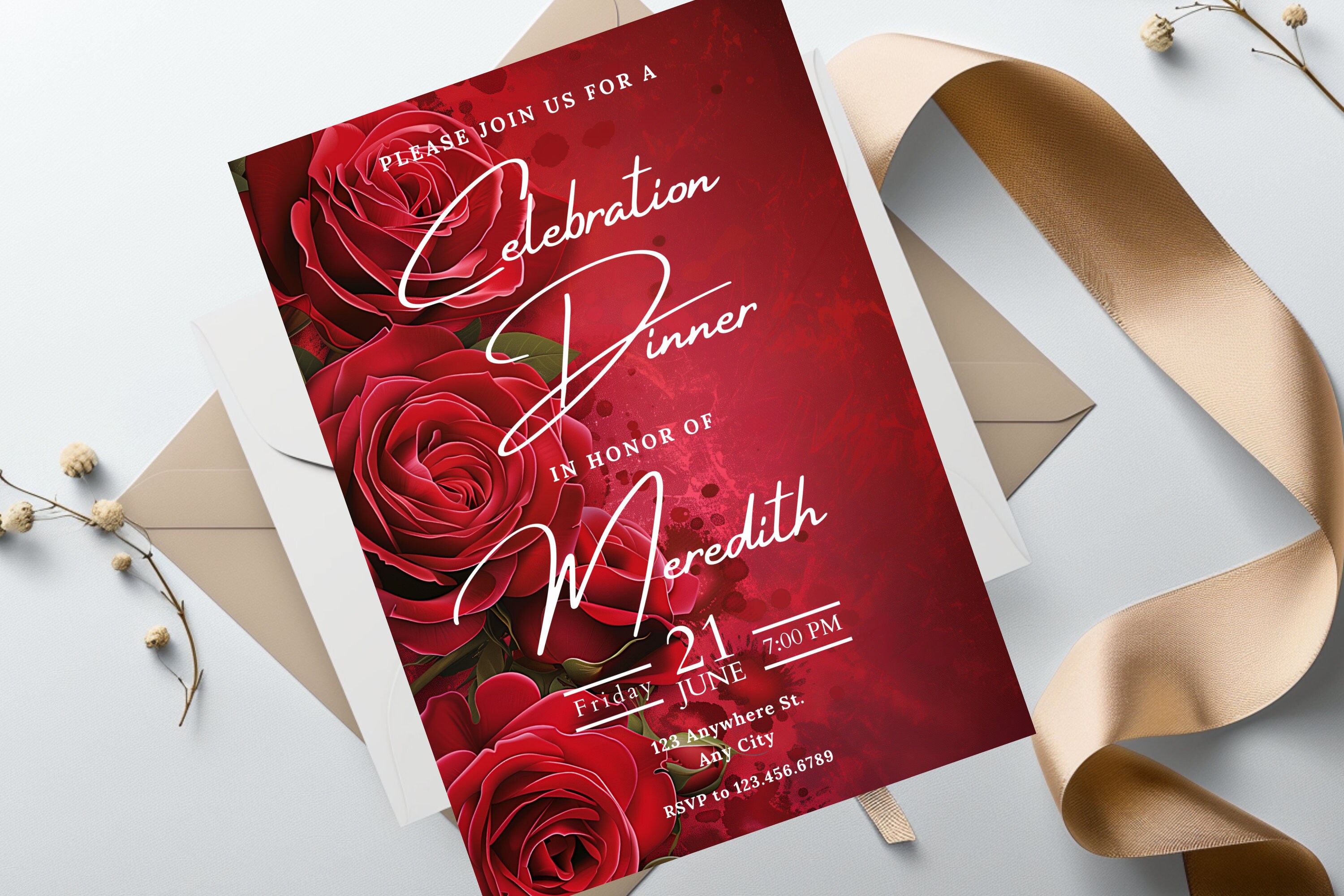 Red Rose Celebration Dinner Invite, Red Flower Party Invite, Red Rose ...