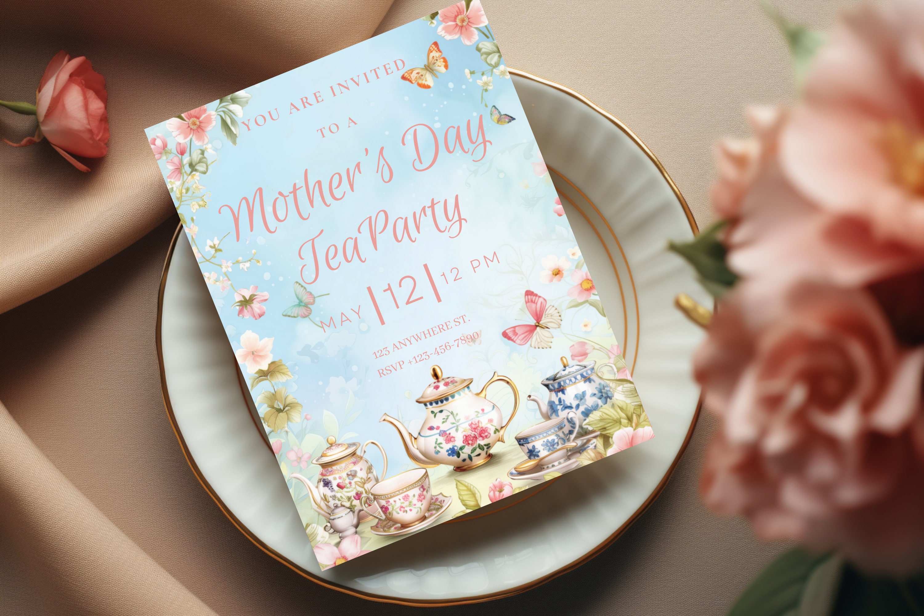 Mother's Day Tea Party Invitation, Blue and Pink Mother's Day Tea ...
