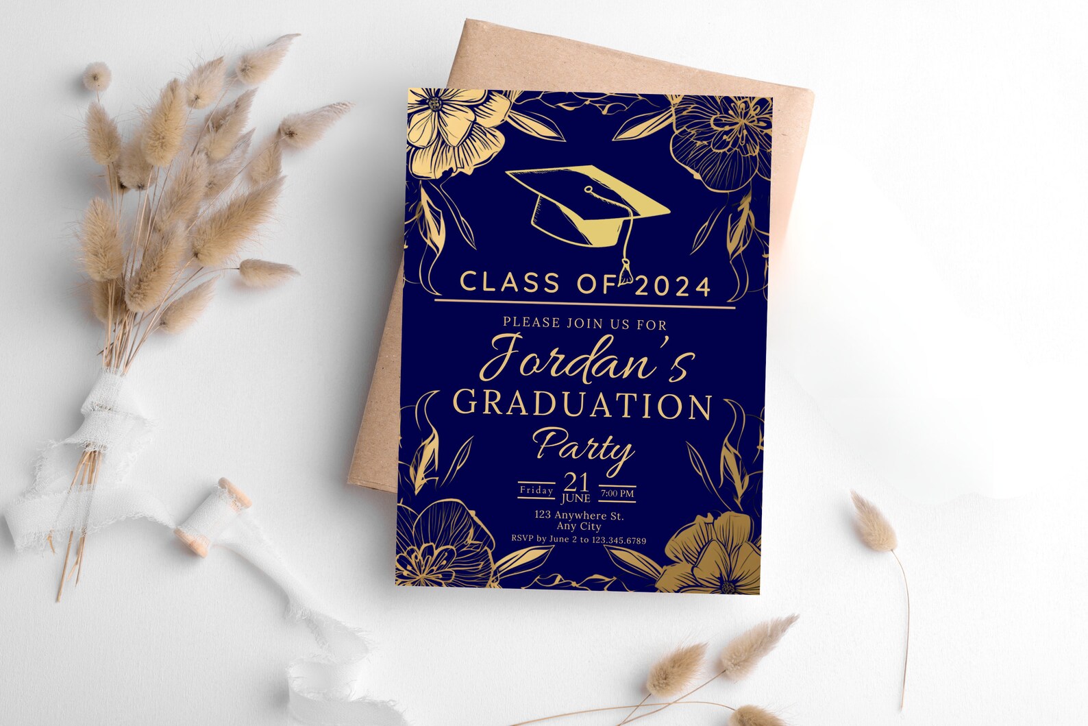Blue and Gold Flower Graduation Invite, Gold Party Invite, Blue & Gold ...