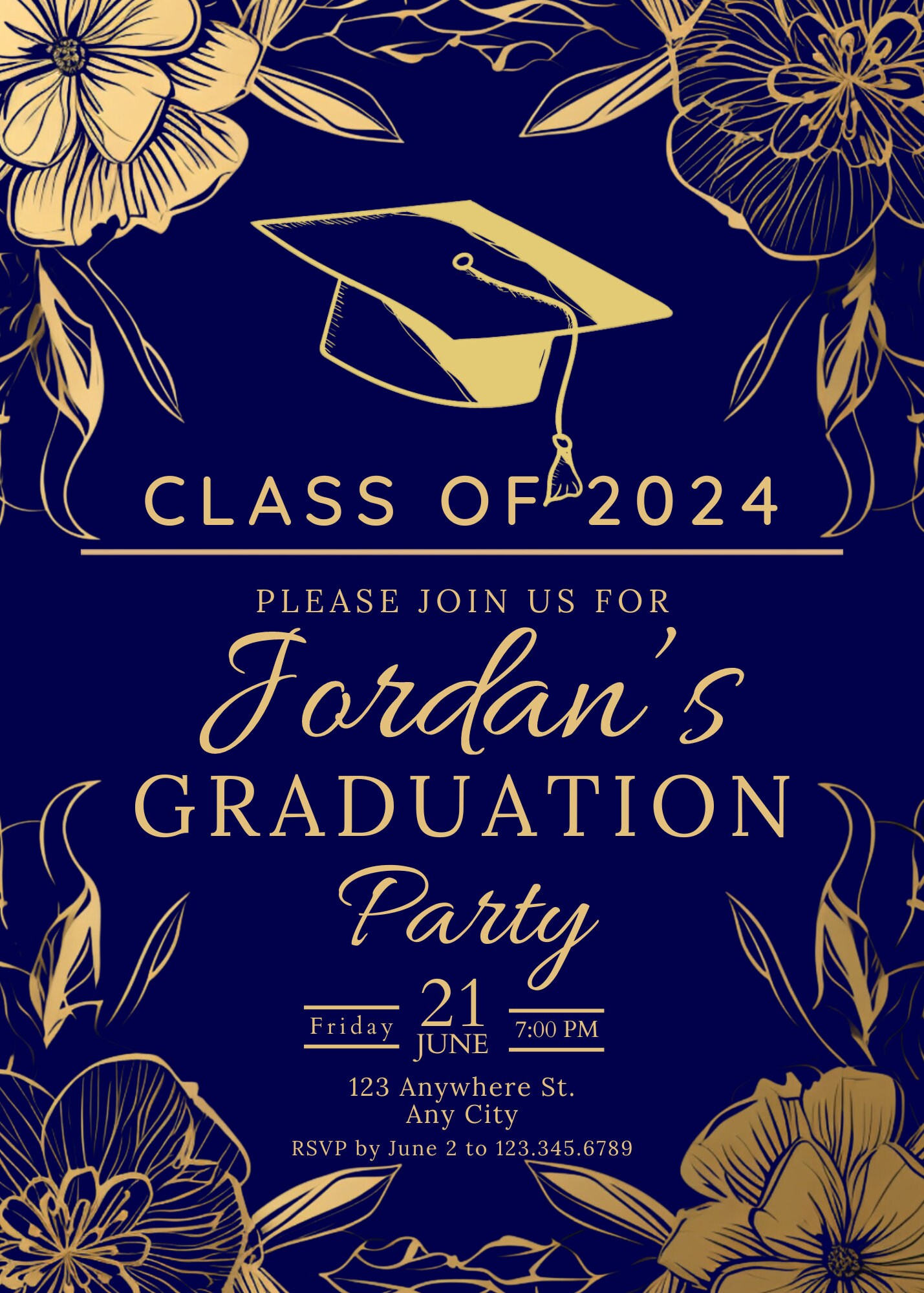 Blue and Gold Flower Graduation Invite, Gold Party Invite, Blue & Gold ...