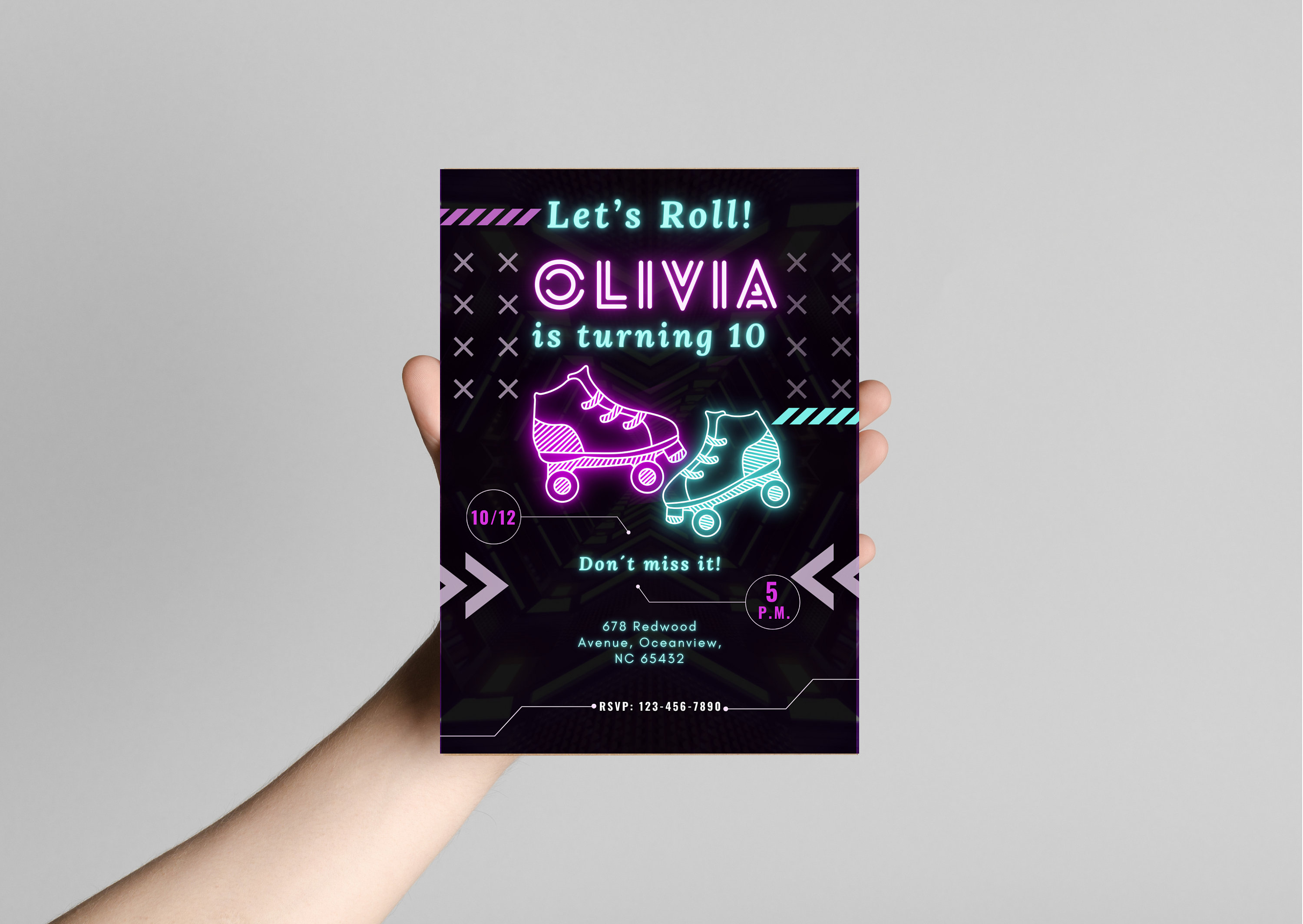 Editable Neon Roller Skating Kids Birthday Invitation Template ...