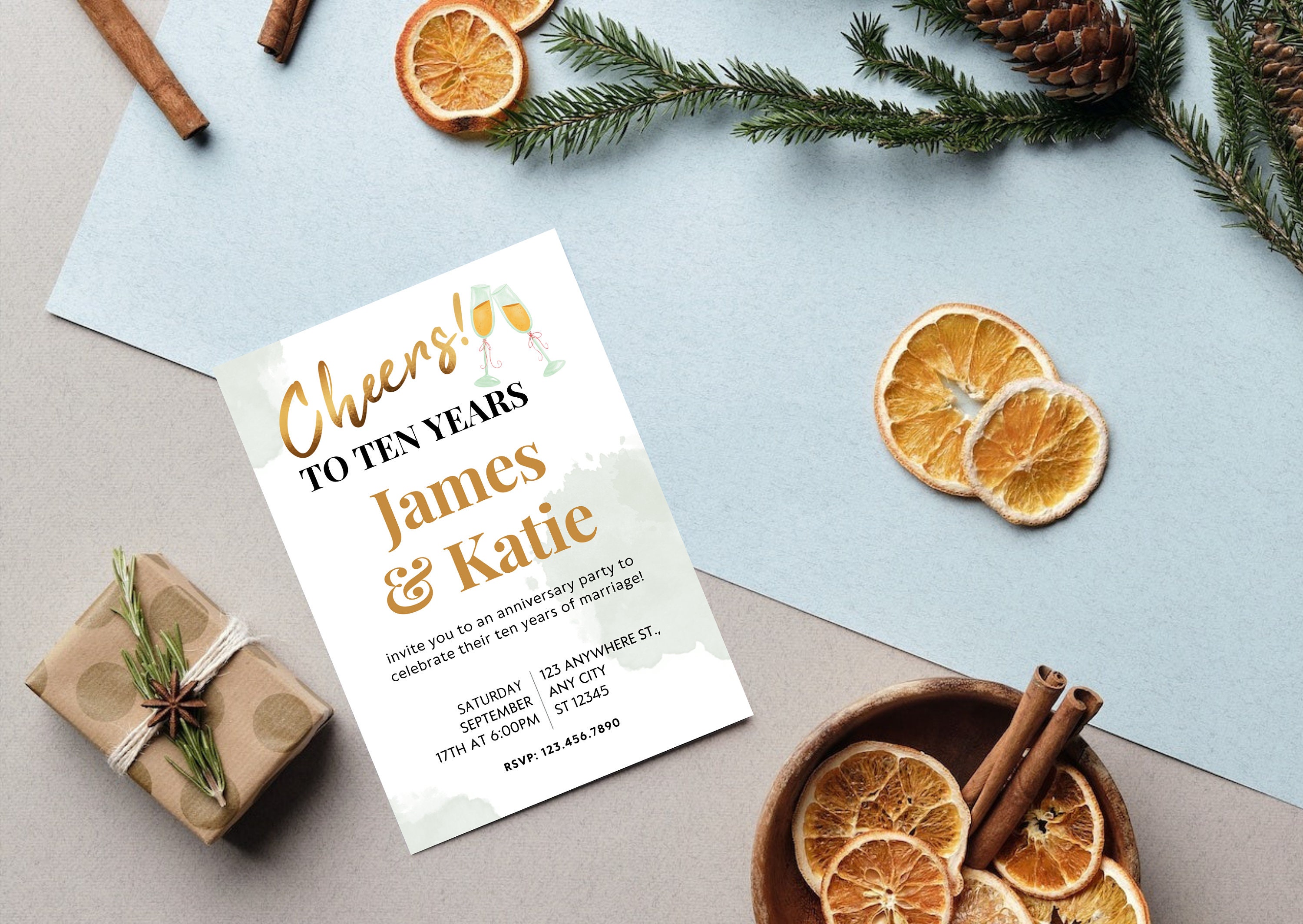 Editable Green Gold Cheers to 10 Years Anniversary Invite, DIY ...