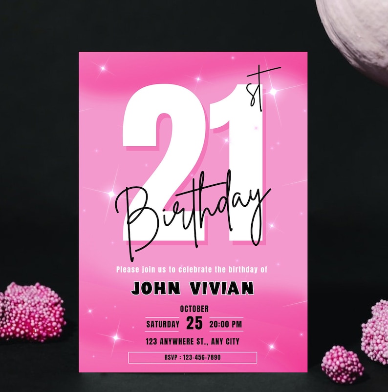 Editable Pink Glitter 21st Girl Birthday Invitation 21st Bday - Etsy
