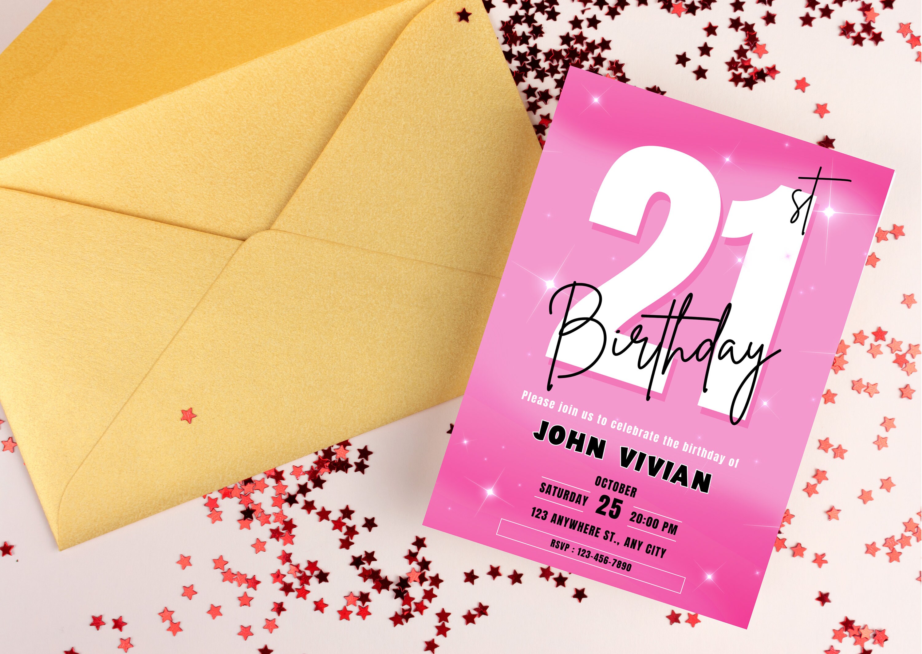 Editable Pink Glitter 21st Girl Birthday Invitation, 21st Bday Party ...
