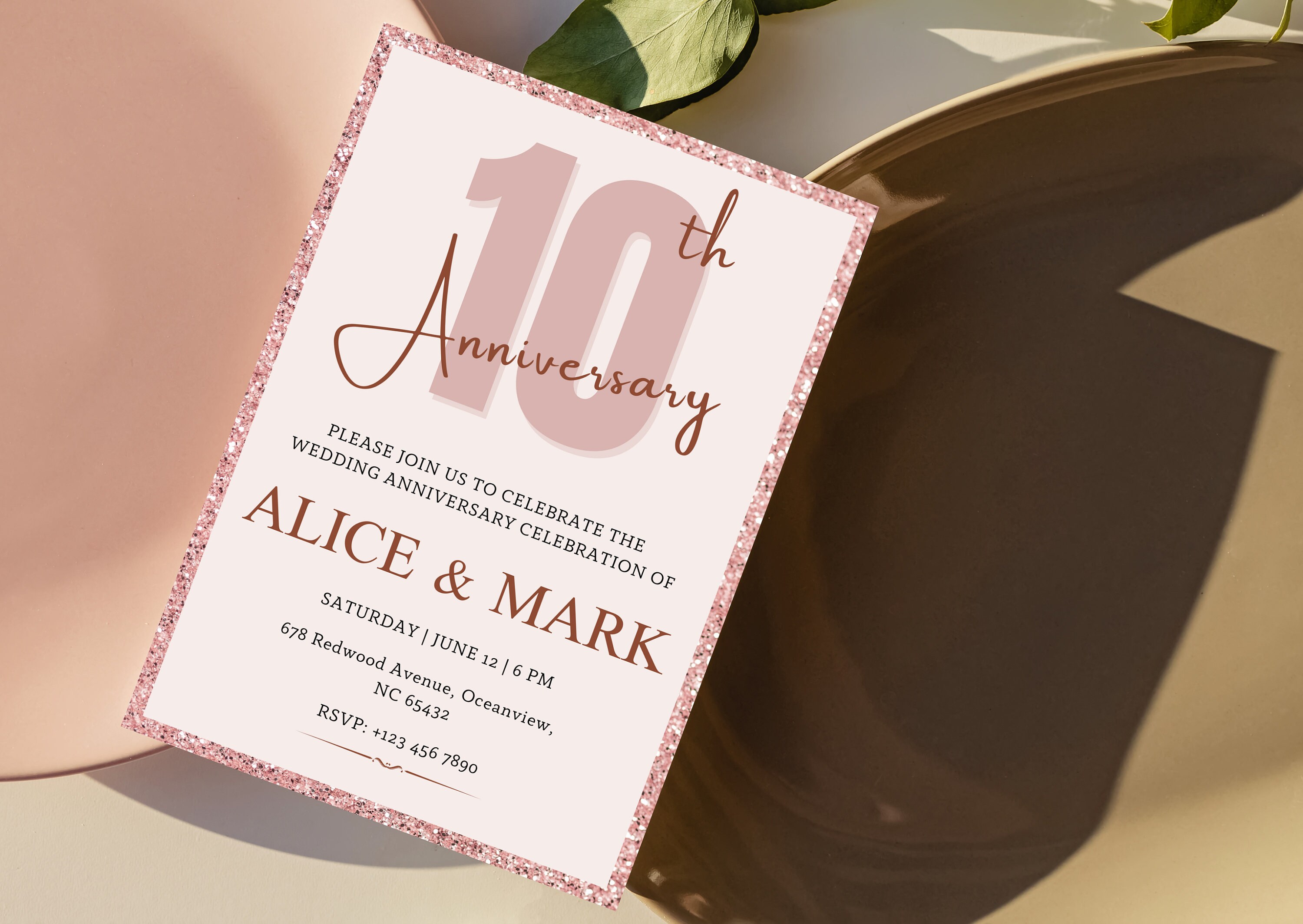 Editable Rose Gold Glitter 10th Anniversary Invitation, Printable ...