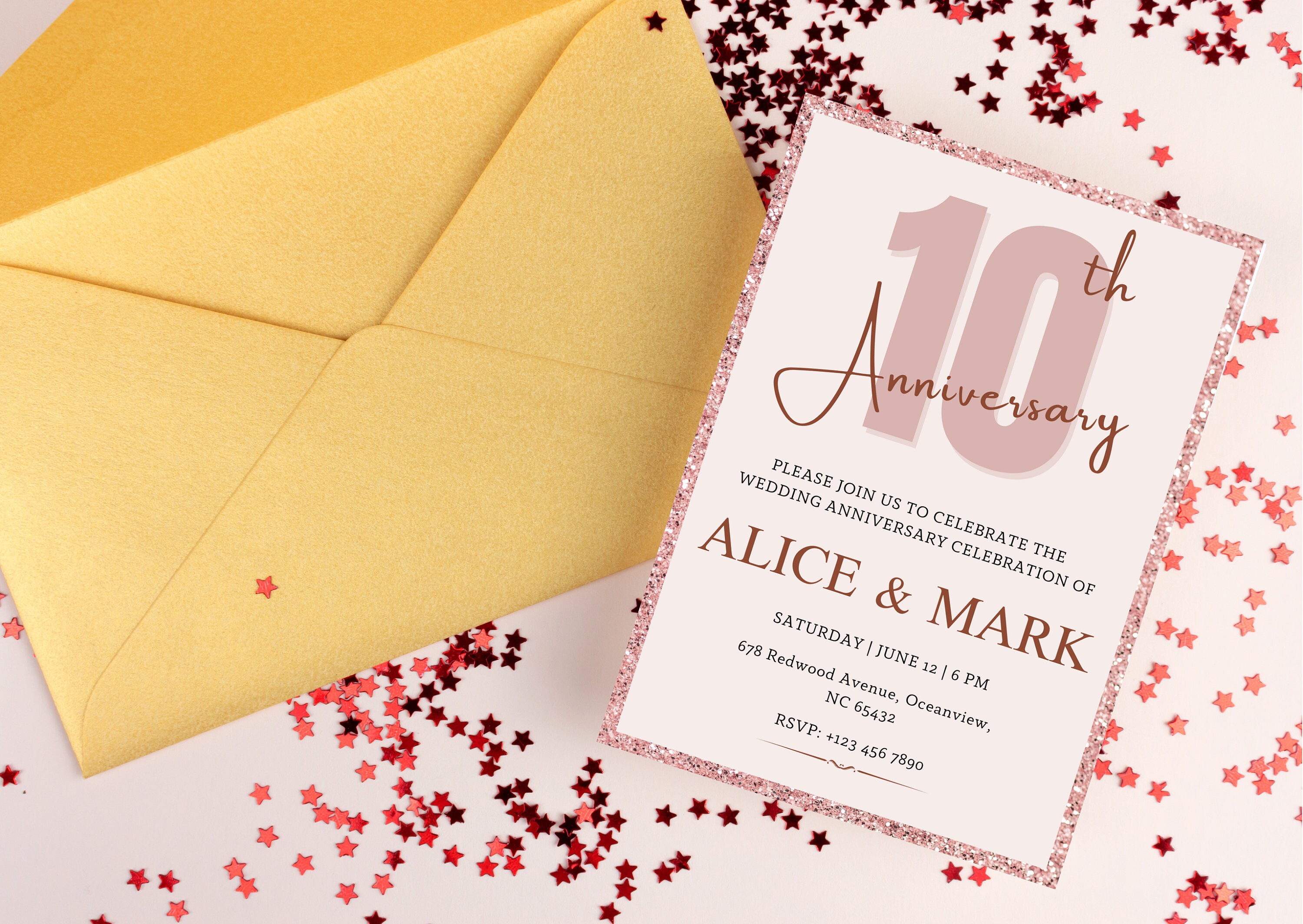Editable Rose Gold Glitter 10th Anniversary Invitation, Printable ...
