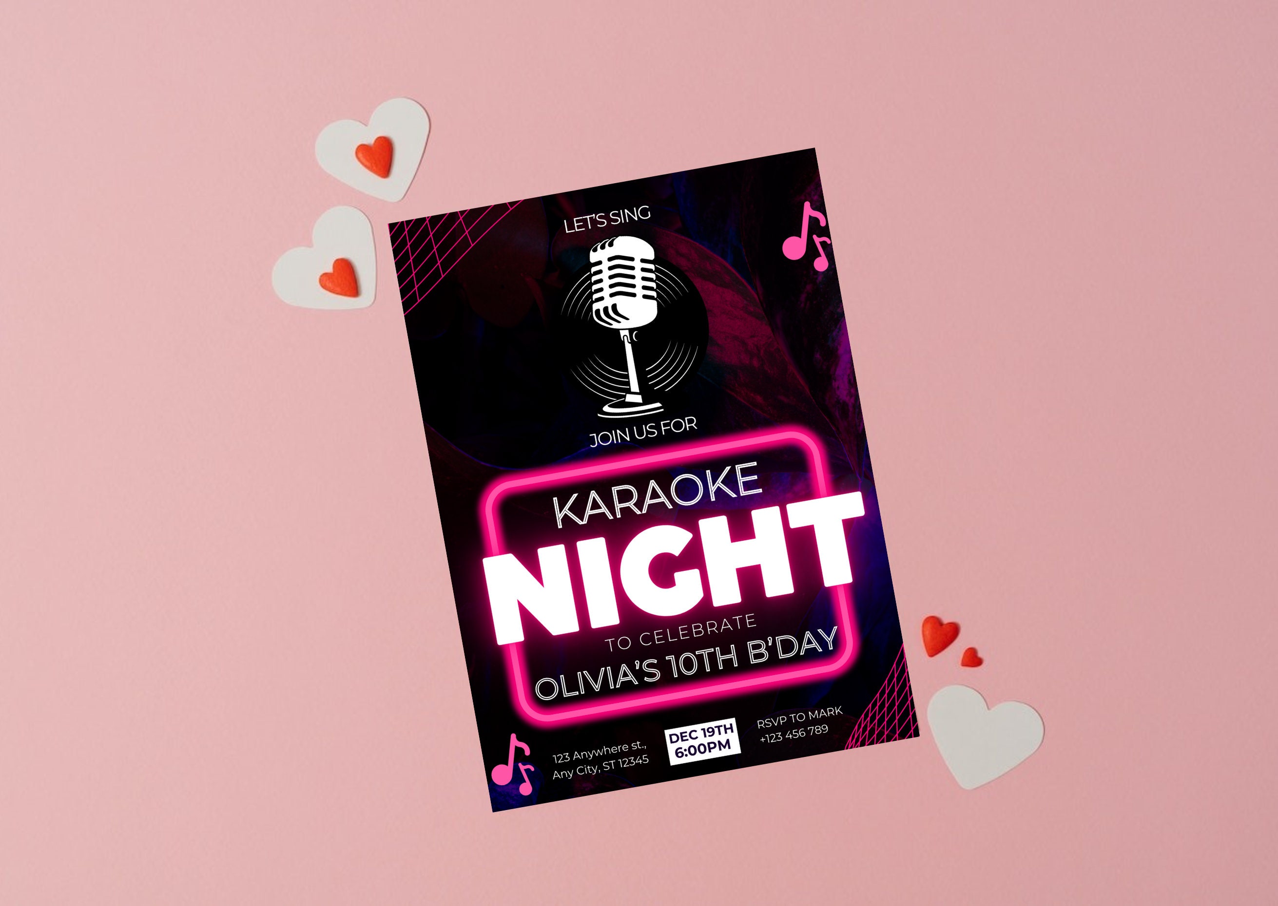 Editable Karaoke Night Party,pink Neon Karaoke Party, Singing Party ...