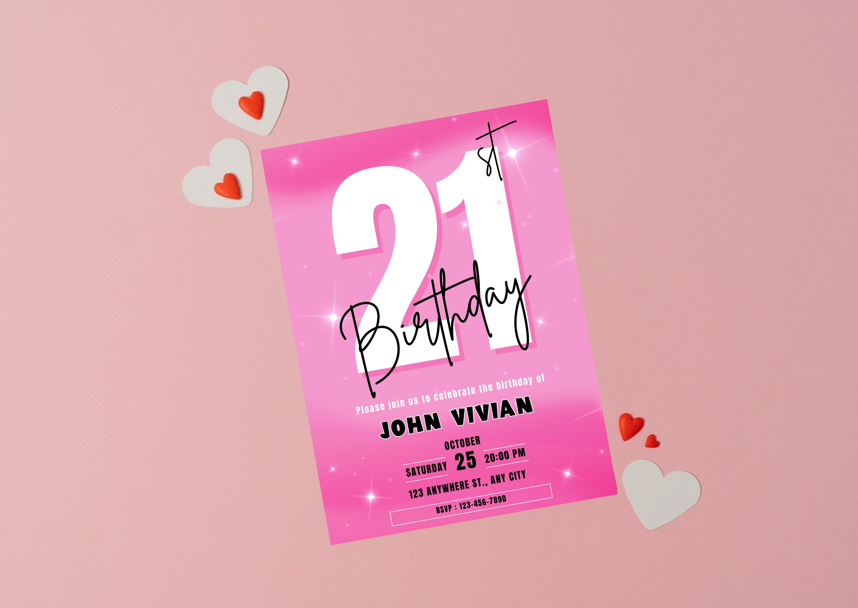 Editable Pink Glitter 21st Girl Birthday Invitation, 21st Bday Party ...