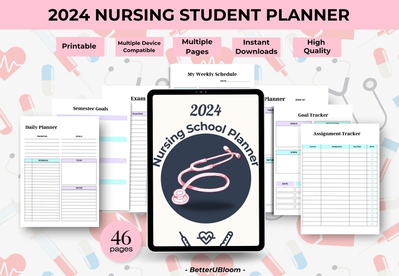 Printable 2024 Nursing Student Planner, Premium Digital Nursing Worksheet for Students, Nursing ...