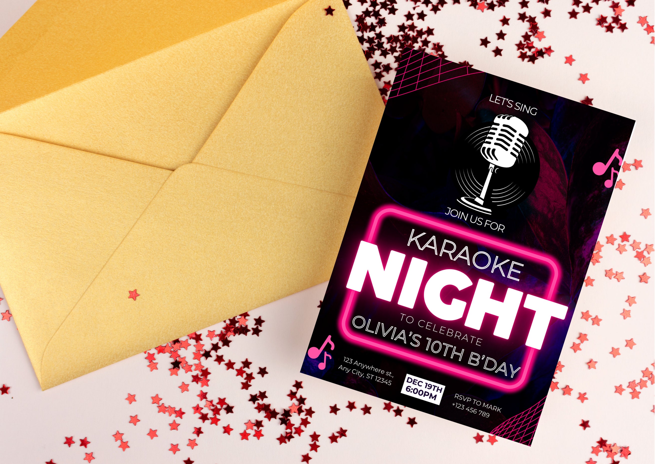 Editable Karaoke Night Party,pink Neon Karaoke Party, Singing Party ...