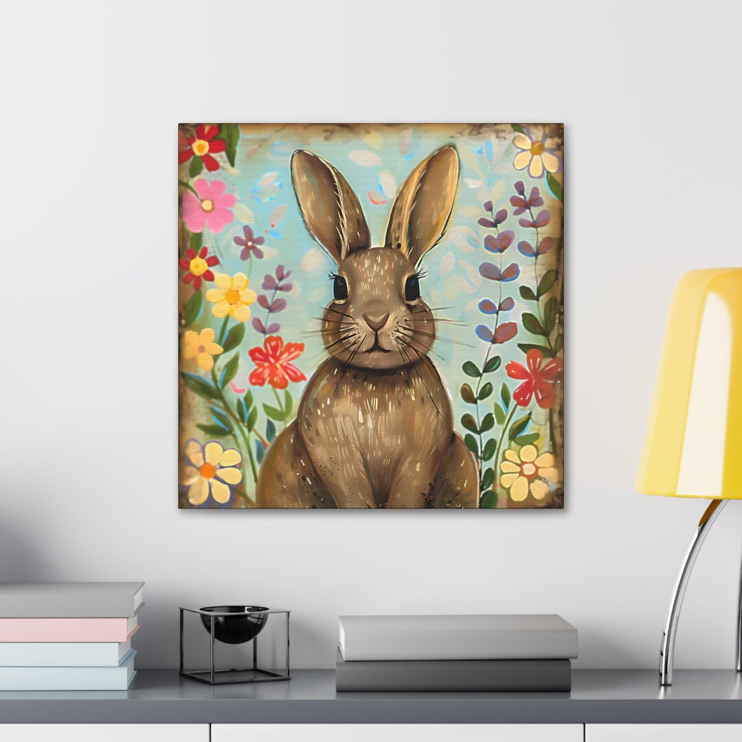 Vintage Folk Art Rabbit Canvas Print - Etsy